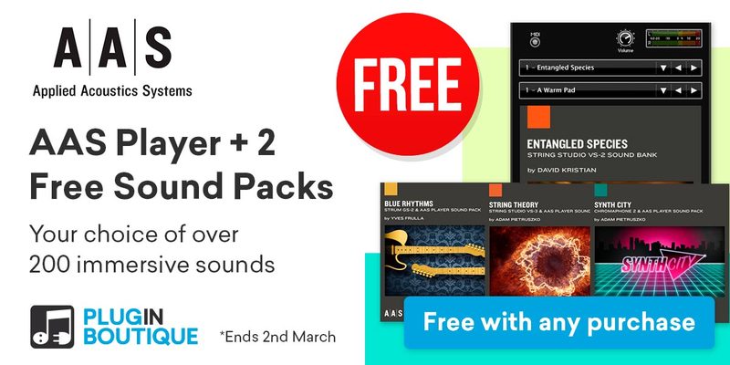 【無料】PluginBoutiqueで買物をすると、AAS「Player + 2 Sound Packs」(通常8,500円)が無償提供される ...